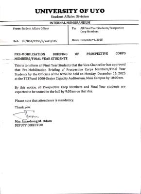 UNIUYO notice to prospective corps members on mandatory pre ...