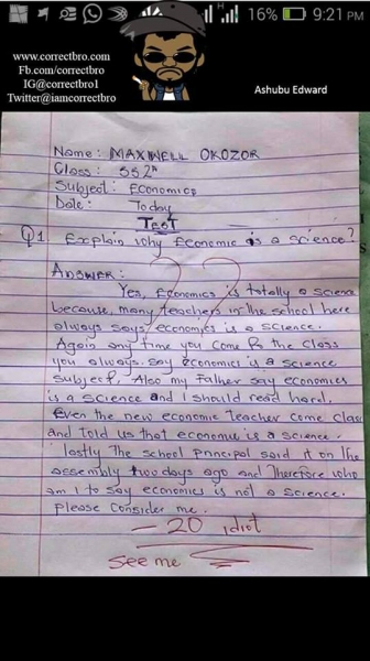 See The Funny Answer This Student Gave To This Question - Myschool