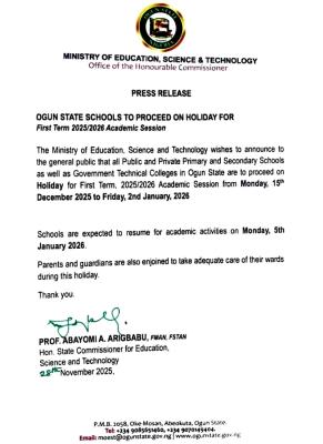 Ogun State announces Holiday break for First Term, 2025/2026 session ...