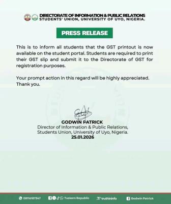 UNIUYO SUG notice to students on printing of GST slip - Myschool
