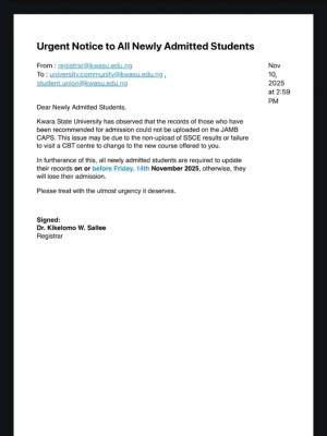 KWASU issues urgent notice to newly admitted students, 2025/2026 - Myschool