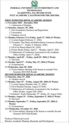 FUET releases Academic Calendar, 2025/2026 - Myschool