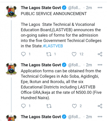 LASTVEB announces admission into Government Technical Colleges in the ...