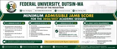 FUDTSINMA Departmental Cut off marks for 2026/2027 admissions - Myschool