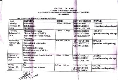 UNILAG 1st semester GST Continuous Assessment Timetable, 2025/2026 ...