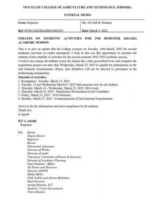 Oyo State College Of Agric & Tech updates on students' activities for ...