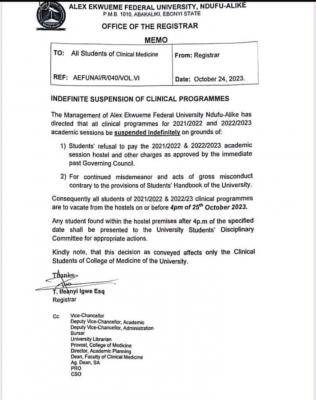 AE FUNAI notice on indefinite suspension of clinical programmes - Myschool